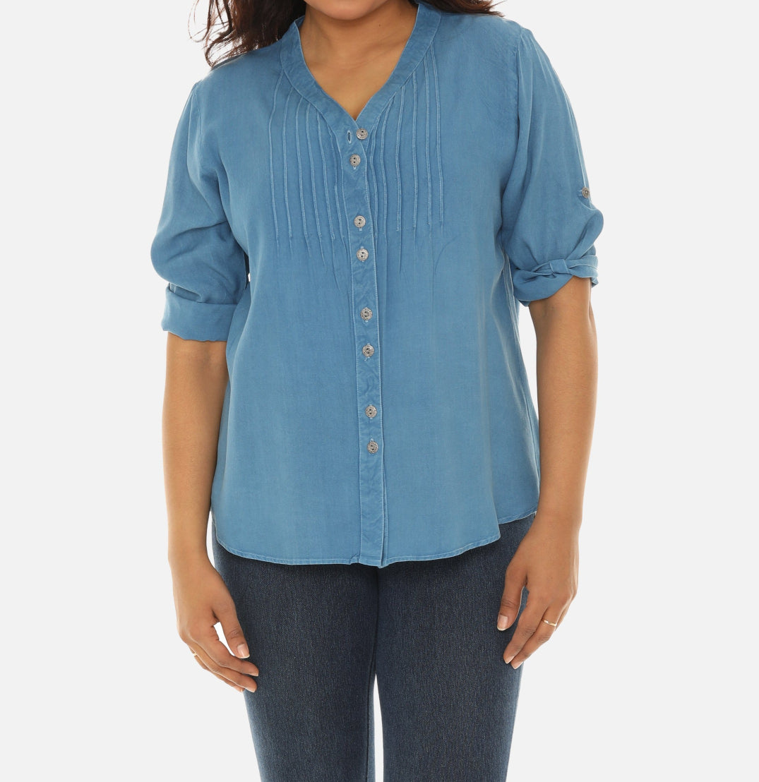 V-Neck Pin-Tuck Button-Front Tunic For Women - Shoreline Wear, Inc.