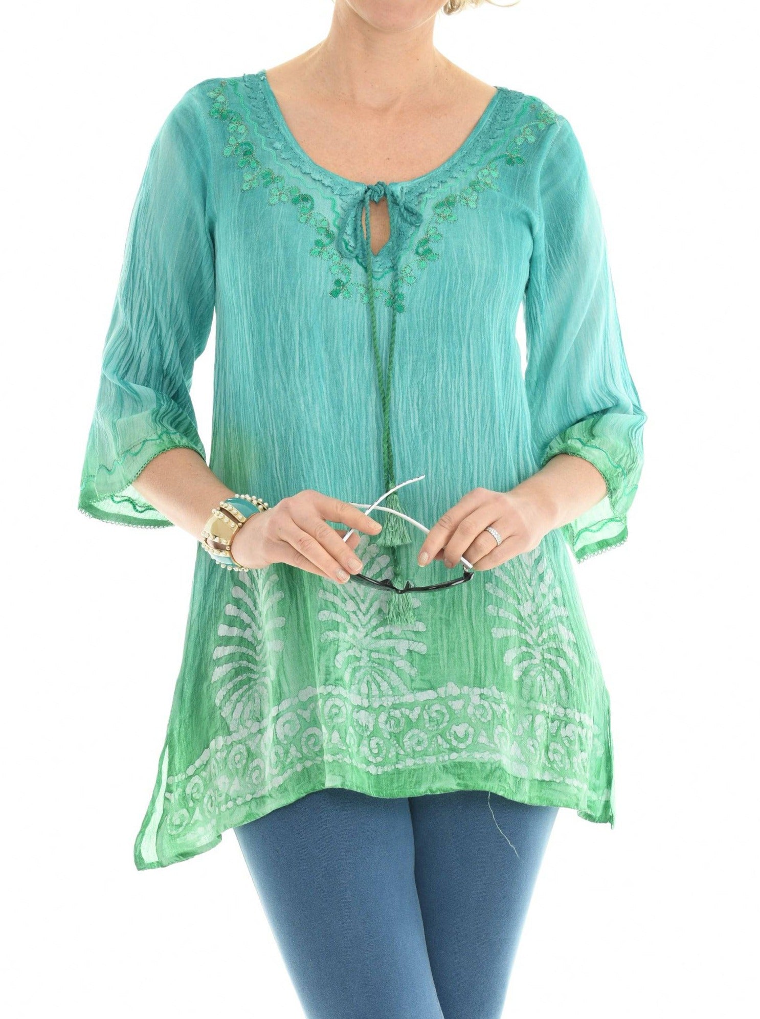 Geometric Wave Pom-Pom-Trim Keyhole-Front Tunic - Shoreline Wear, Inc.