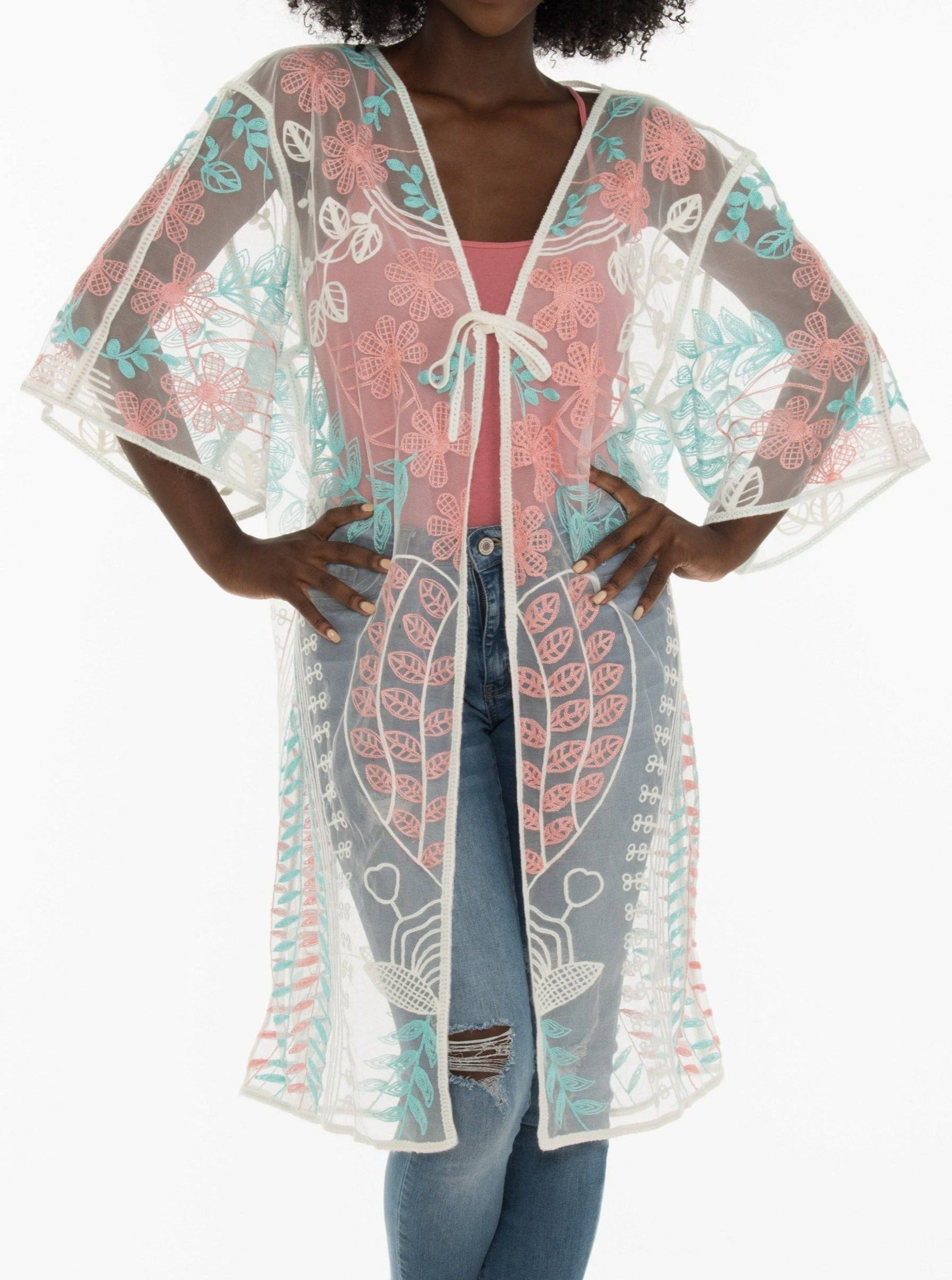 WHITE & PINK FLORAL SHEER DUSTER - Shoreline Wear, Inc.