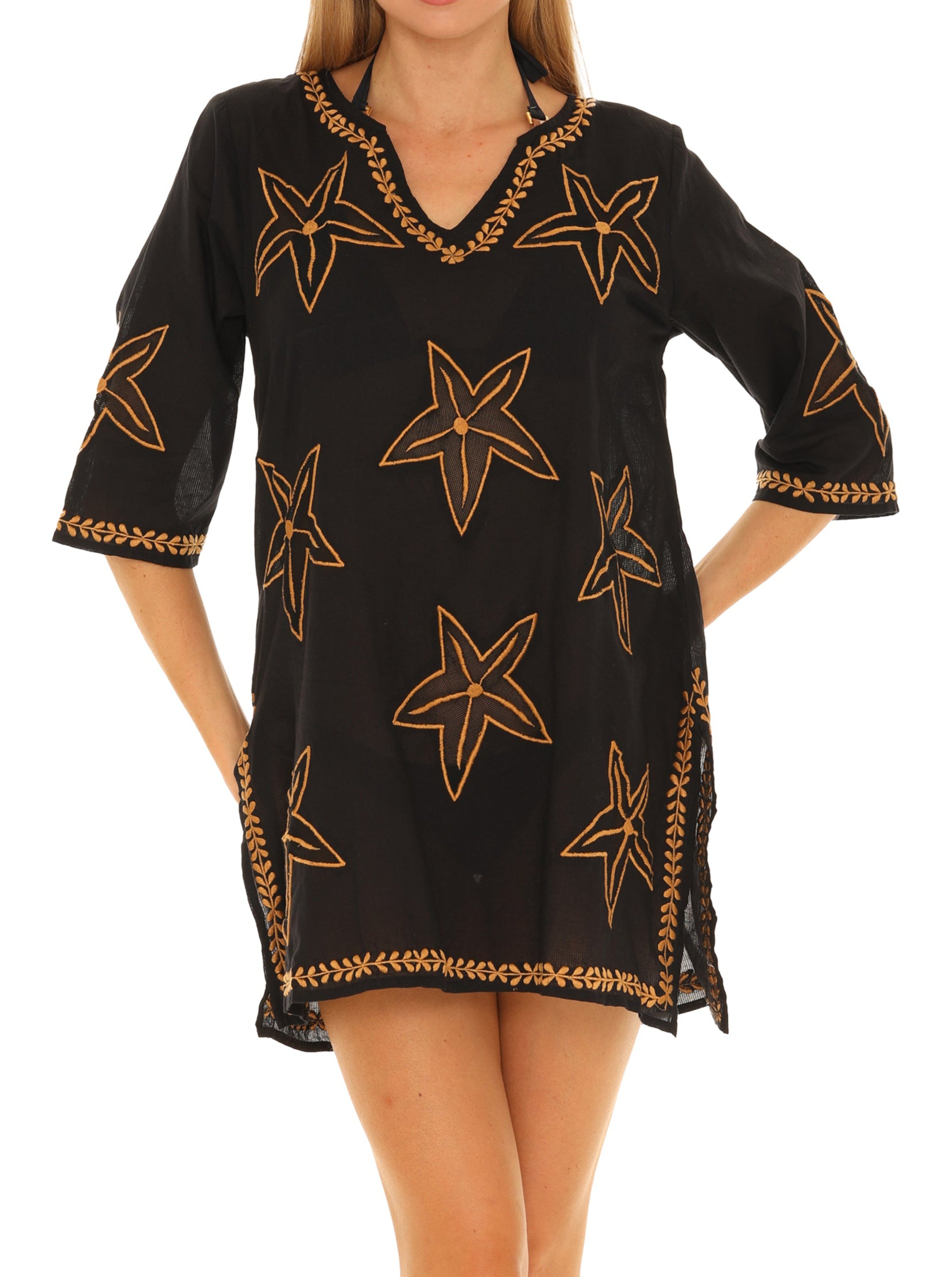 Sheer-Embroidery-Detailing V-Neck Tunic - 2X / BLACK/BEIGE - Shoreline ...